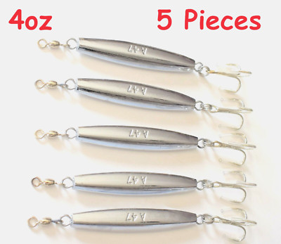 5 Pieces 4oz Diamond Jigs Chrome Saltwater Fishing Lures With Treble ...