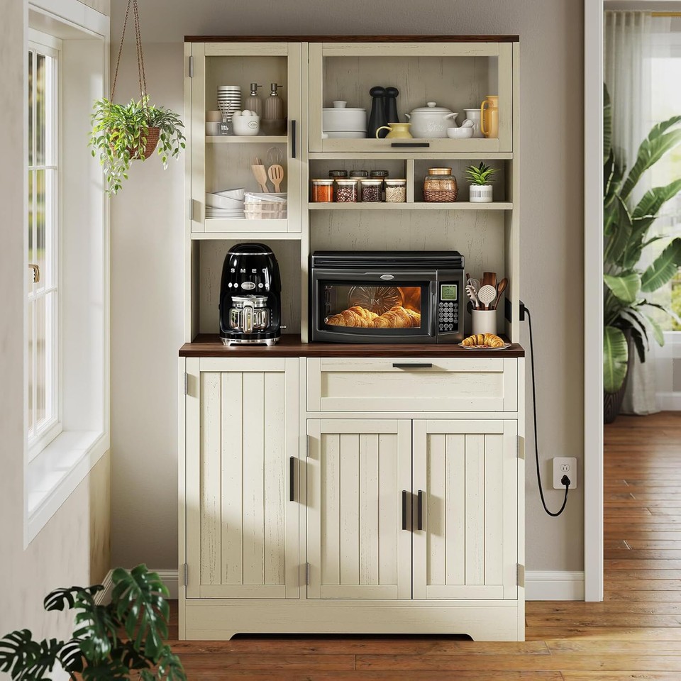 67.7" Farmhouse Tall Kitchen Pantry Storage Cabinet with Power Outlet ...