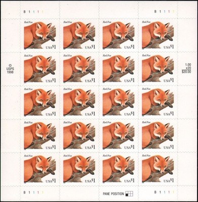 3036 $1 Red Fox Mint Complete Sheet of 20 Stamps - Scarce! - Stuart ...