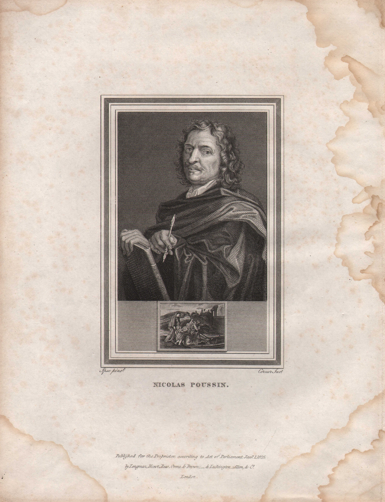 1825 GEORGIAN PORTRAIT PRINT ~ NICOLAS POUSSIN + PAGE OF DESCRIPTIVE ...