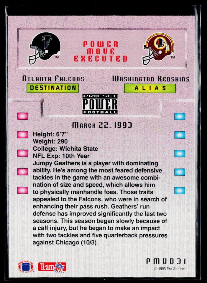 Jumpy Geathers 1993 Pro Set Power Update: Power Moves #PMUD31 Atlanta ...
