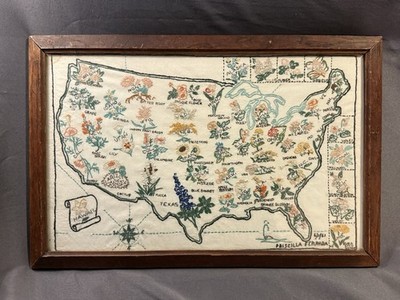 Vintage Needlework 50 STATE FLOWERS USA MAP Linen Crewel Embroidery ...