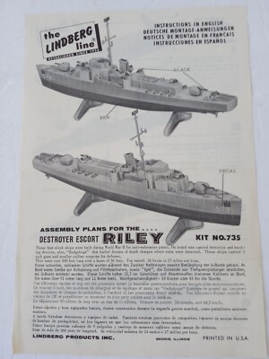 1961 LINDBERG DESTROYER ESCORT RILEY Model Kit 735-39 Instruction Sheet ...