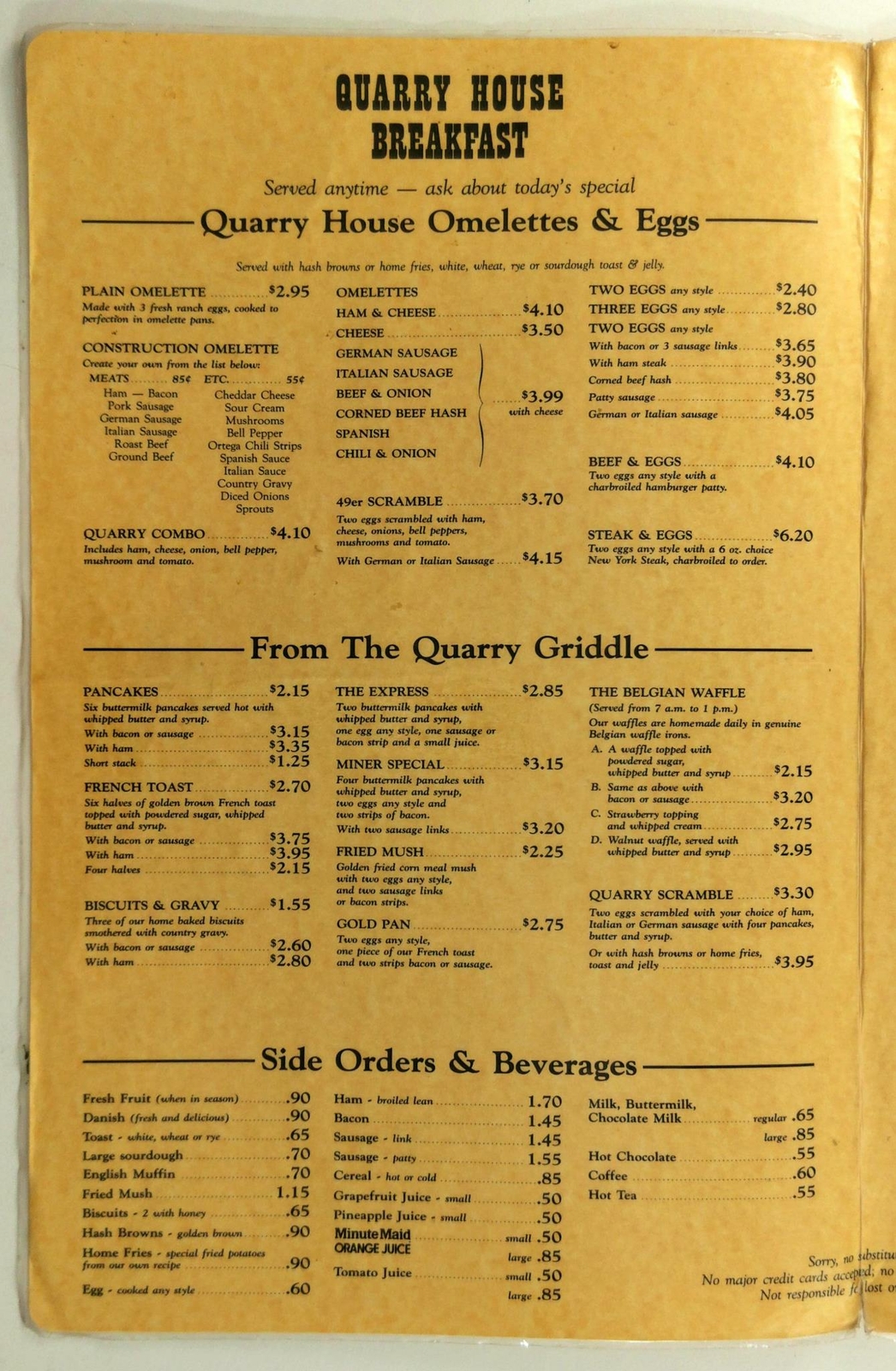 1986 Quarry House Large Laminated Restaurant Menu Rocklin California ...