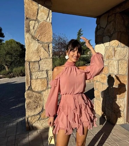 ZARA WOMAN NWT HIGH COLLAR RUFFLED MINI DRESS MARSALA 9136*301 | eBay