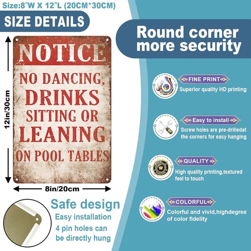 Pool Table Rules Tin Sign Billiards Room Wall 8x12Inch(20x30cm ...