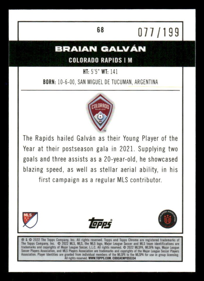2022 Topps Chrome MLS Braian Galván Blue Mini-Diamond SN #68 Card #/199 ...