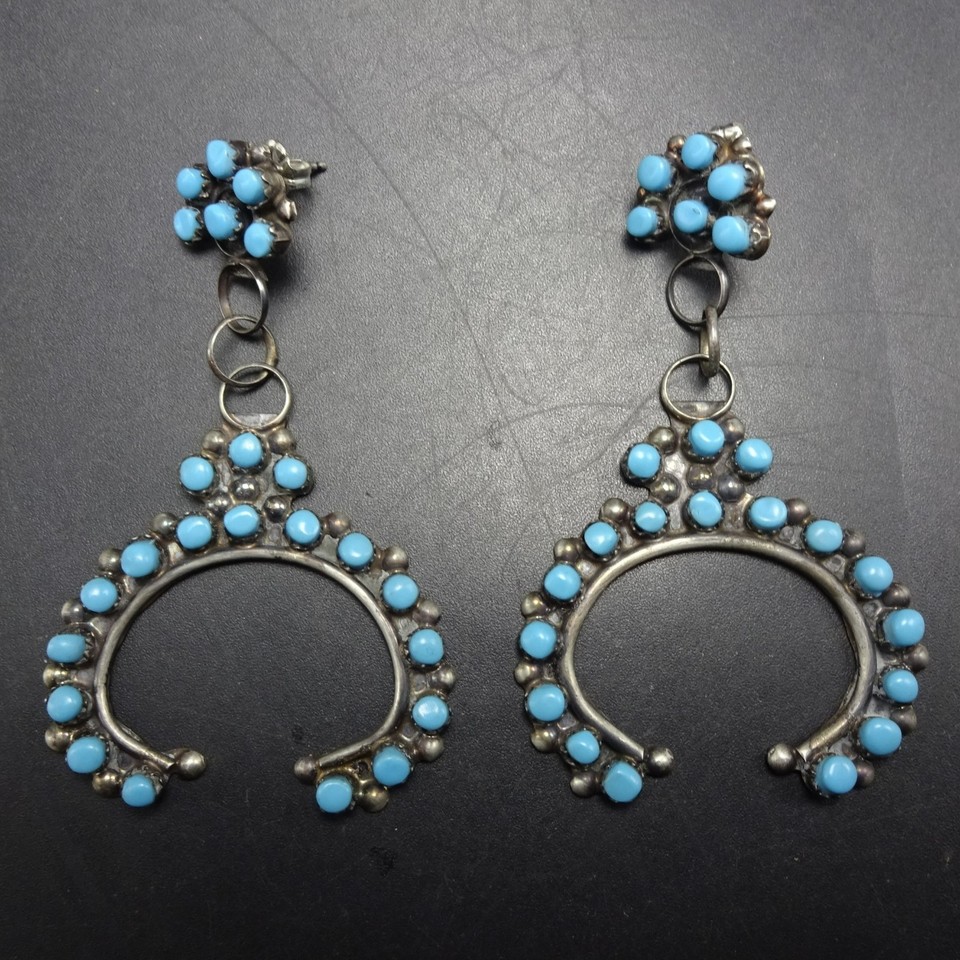 Vintage PETIT POINT TURQUOISE Sterling Silver NAJA EARRINGS Snake Eye ...