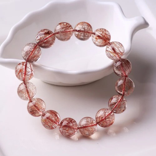 Natural Red Rutilated Quartz Crystal Women Clear Round Beads Bracelet ...