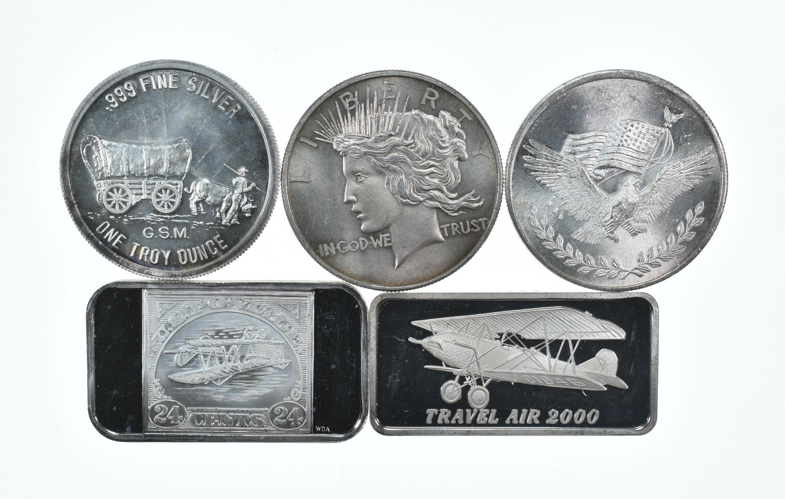 Lot 5 VINTAGE 1 Oz Silver Bars/Rounds Art Bars Collection Poured .999 * ...