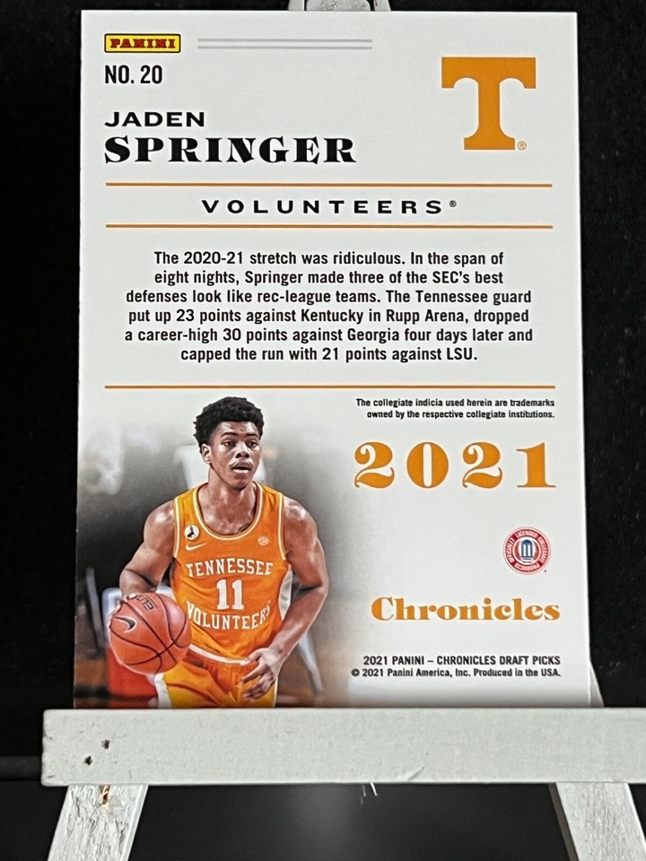 Jaden Springer 2021-22 Panini Chronicles Draft Picks RC #20 Basketball ...