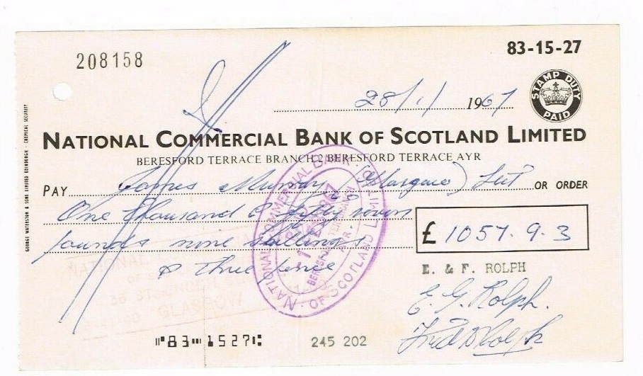 NATIONAL COMMERCIAL BANK of SCOTLAND - AYR branch, cheques issued 1967 ...