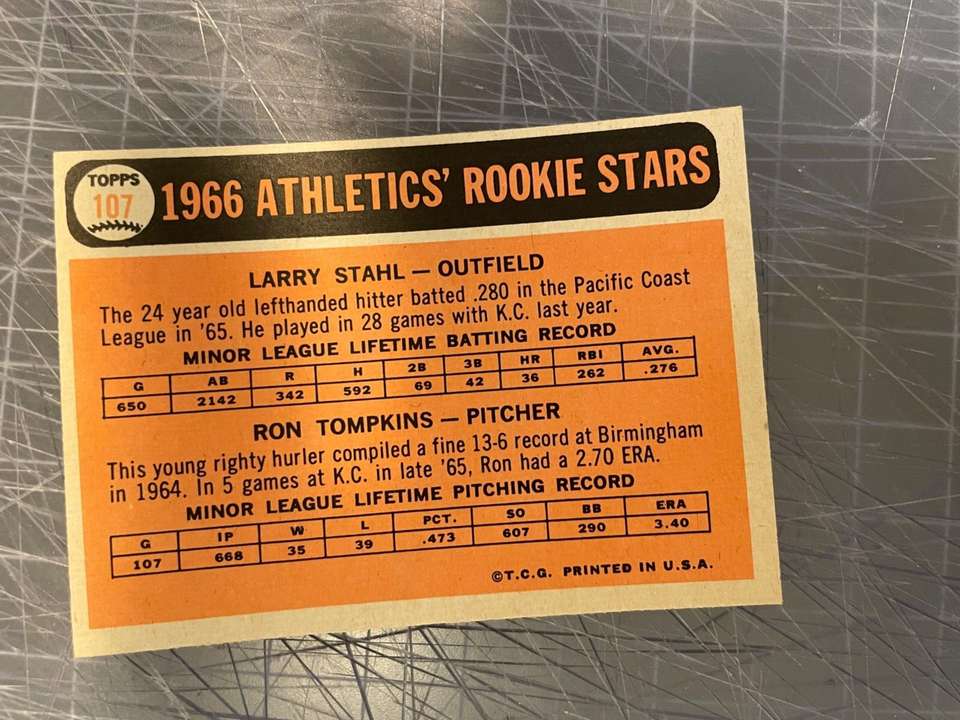 1966 TOPPS #107 LARRY STAHL RON TOMPKINS K.C. ATHLETICS BASEBALL CARD ...