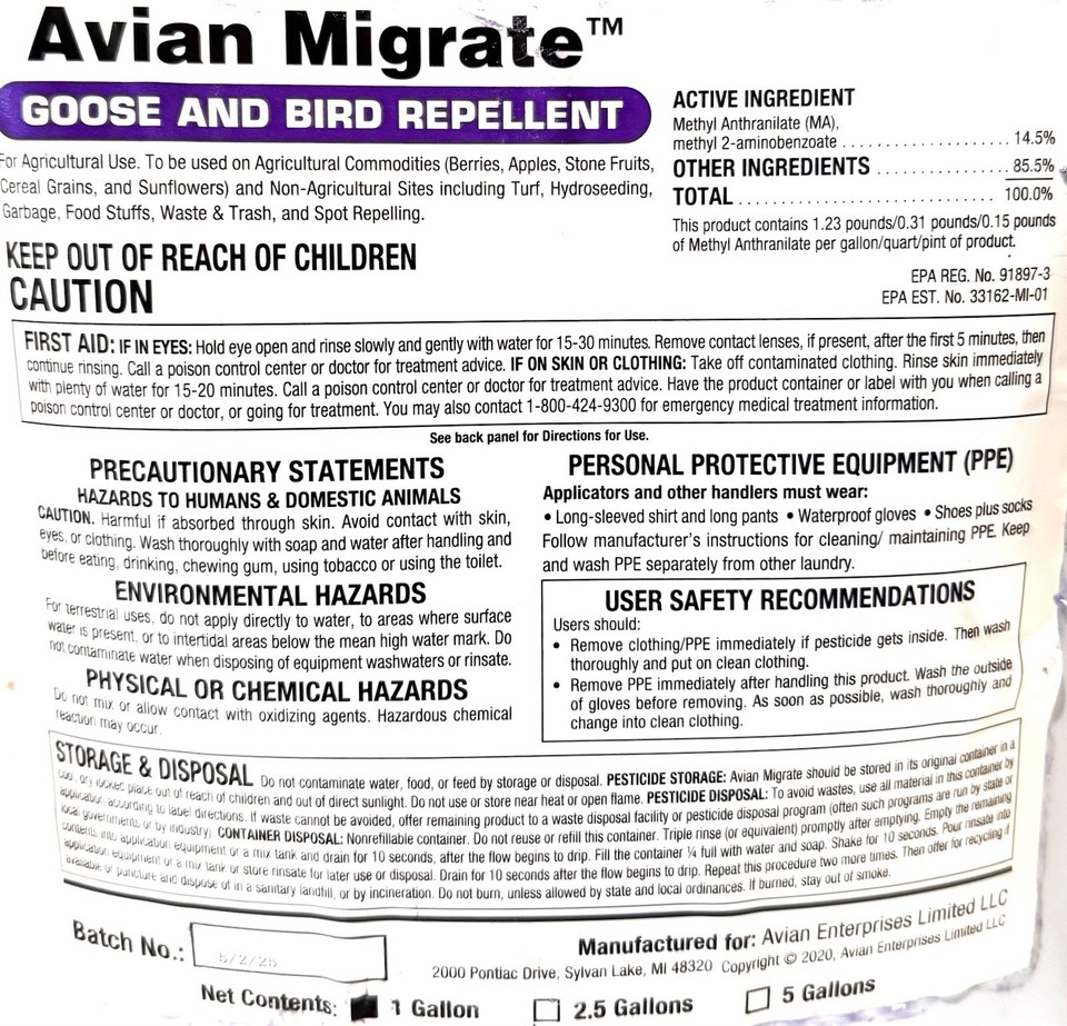 Avian Migrate Bird & Goose Repellent 1 Gallon (128oz) - Liquid ...