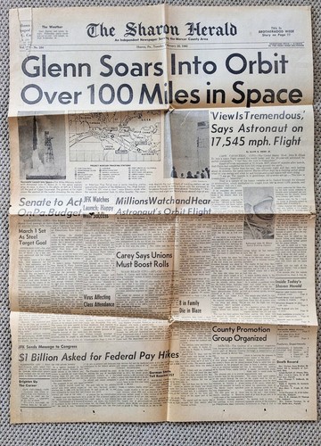 John Glenn February 20 1962 Orbits Earth Sharon Herald PA Front Page ...