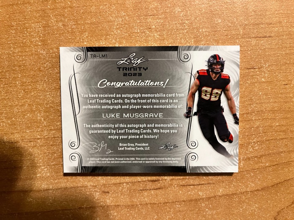 2023 Leaf Trinity Football - Luke Musgrave - Gold Triple Relic Auto #d ...
