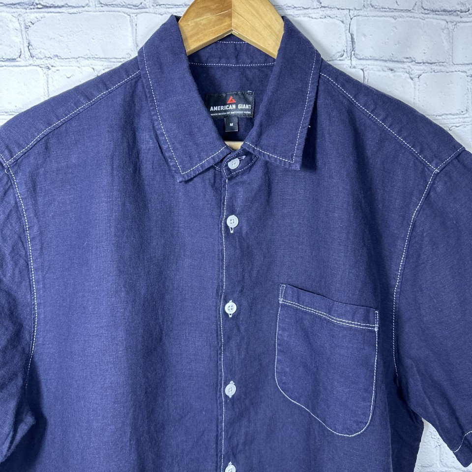 American Giant Shirt Mens Medium Blue Linen Short Sleeve Button Front ...