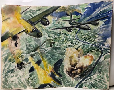 Airplane Bombing Raid WW II Watercolor Painting -1960s/70s-Israel Louis ...