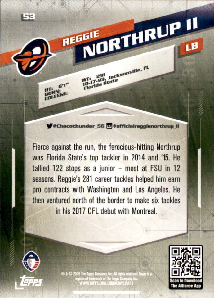 2019 Topps AAF #53 Reggie Northrup II RC - NM-MT | eBay