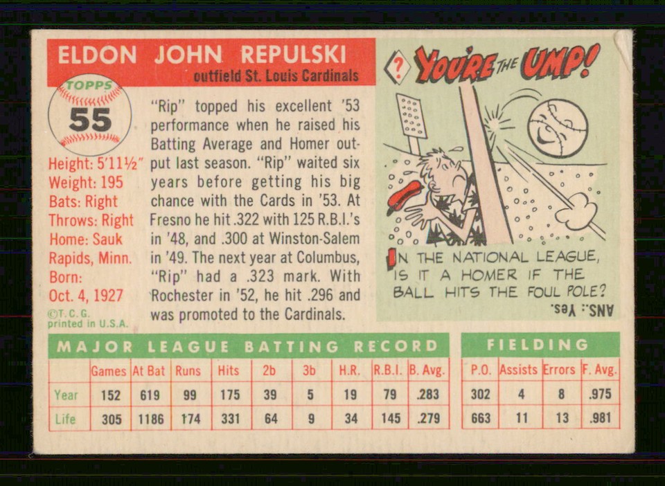1955 TOPPS # 55 RIP REPULSKI J9622 | eBay