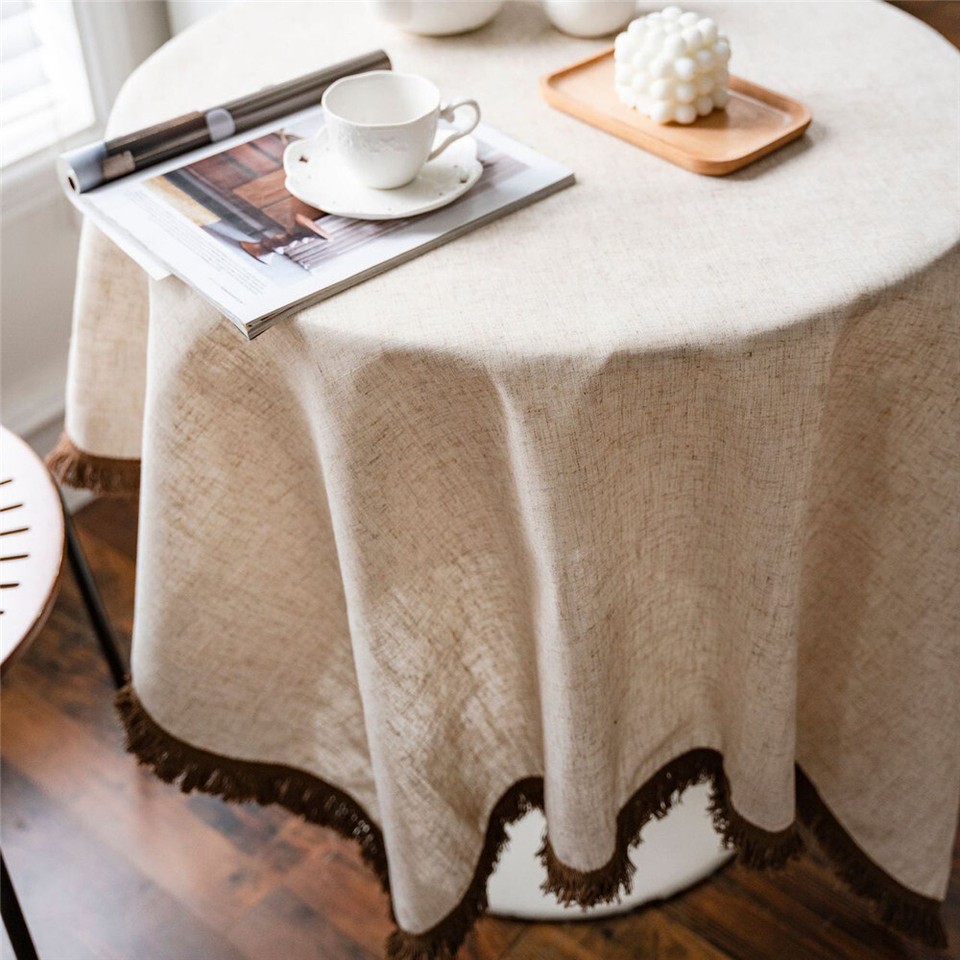 Beige Linen Tablecloth Tassel Fringe Table Cloth Cover Dining Kitchen ...