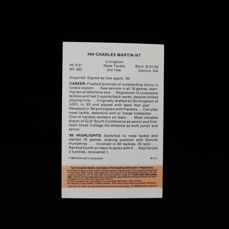 1986 Charles Martin Green Bay Packers McDonald's GOLD Regular Card #94 ...