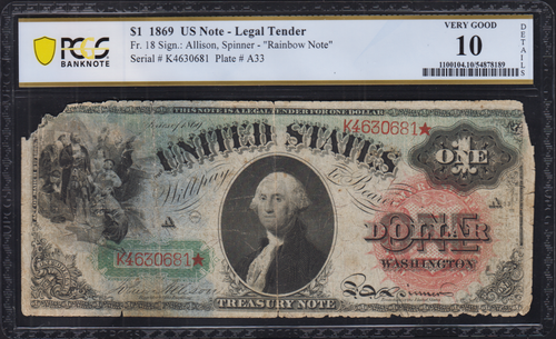 Fr.18 1869 Rainbow $1 Legal Tender Note PCGS Very Good 10 Details | eBay