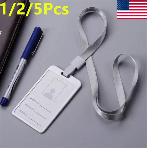 ID Card Badge Holder w/ Neck Strap Lanyard Necklace Aluminum Vertical ...