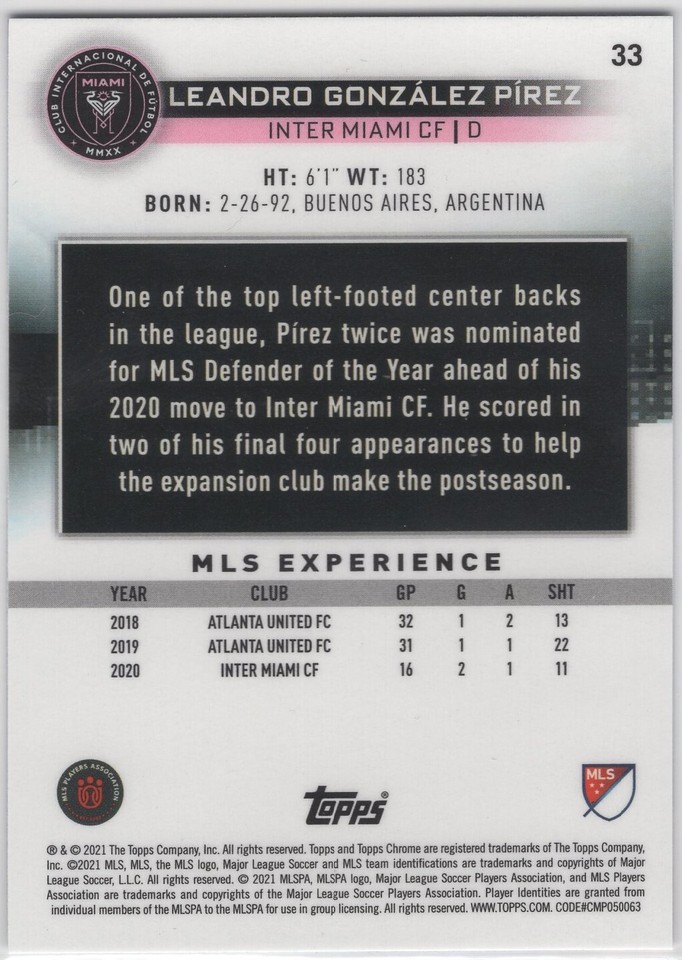 2021 Topps MLS Sapphire Leandro Gonzalez Pirez #33 Inter Miami CF | eBay