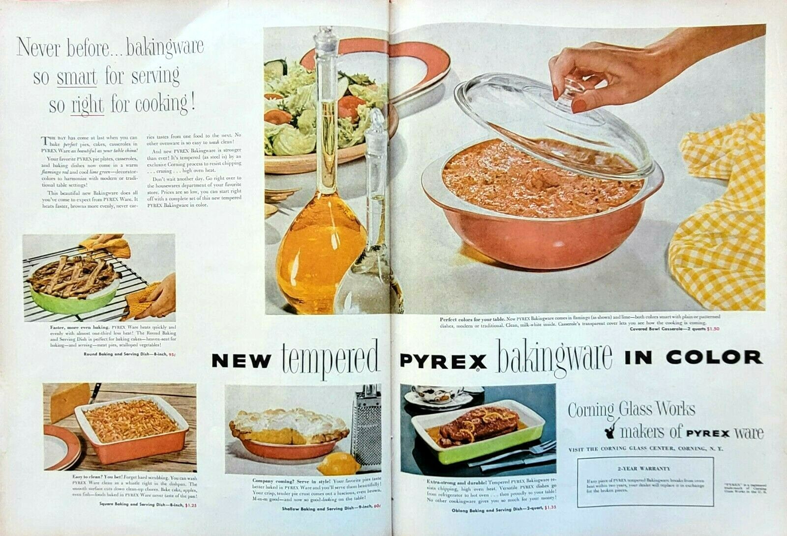 RARE! 1955 PYREX WARE FlameWare Bakingware in Color = 2 pg PRINT AD 20 ...