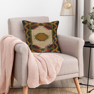 Back Rest Kilim Pillow Cover Wool Jute 18" Hippie Vintage Sham Cushion ...