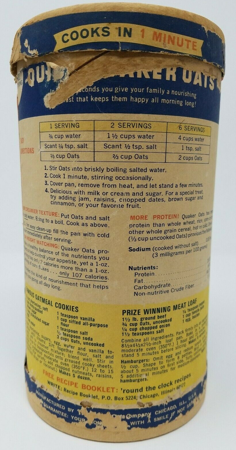 Vintage Quick Quaker Oats Cardboard 1lb. 2oz. Container with Lid | eBay