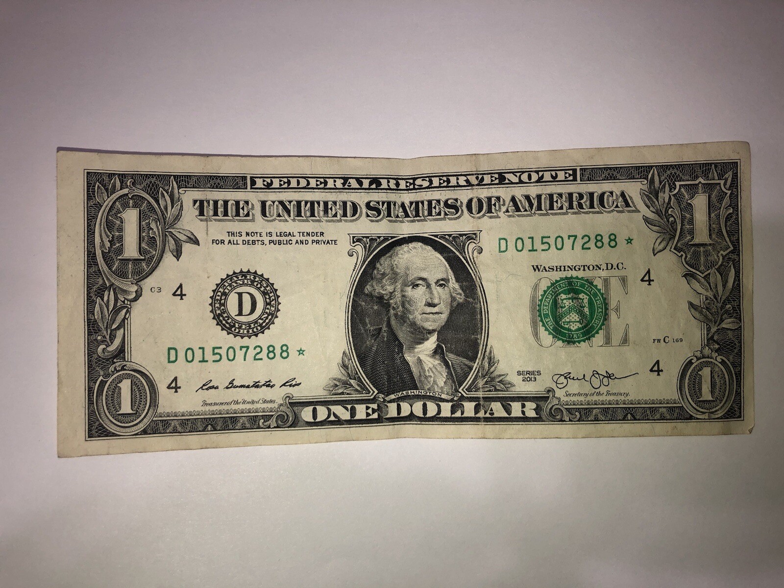 2013, $1 one Dollar Bill Star Note S/N D01507288* Collectible Star Note ...