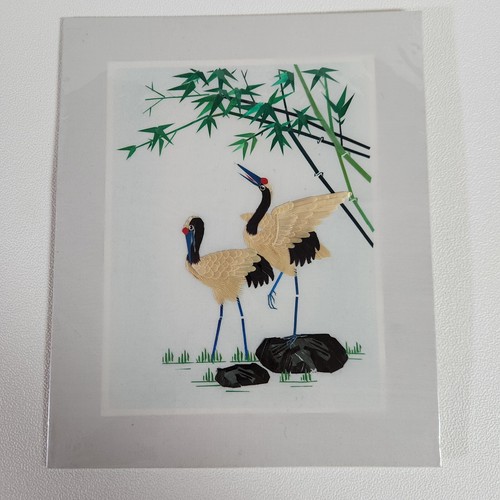 2 Vintage Asian Hand Cut Painted Wheat Stalk on Silk Peacock & Red Bird ...