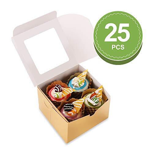 25 Gold Bakery Boxes With Window 6x6x4 Inches Cake Boxes With Window ...