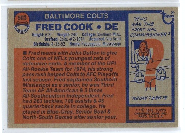 1976 Topps Football #503 - Fred Cook - Baltimore Colts | eBay