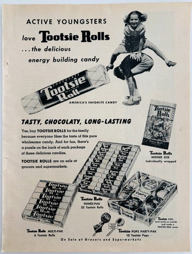 1954 Tootsie Rolls Pops Chocolate Advertisement Candy Dessert Foods ...