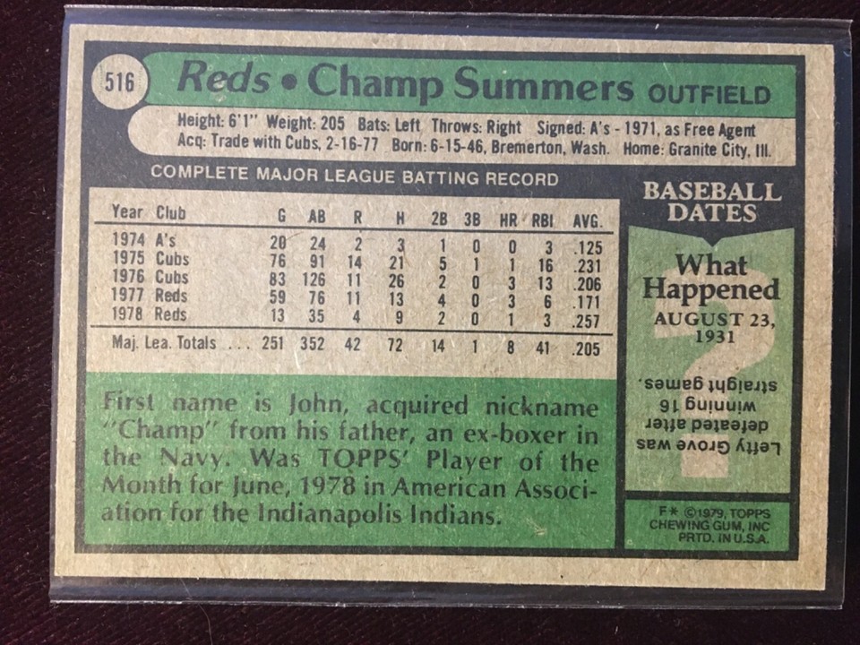 1979 Topps #516 Reds Champ Summers Baseball Card | eBay