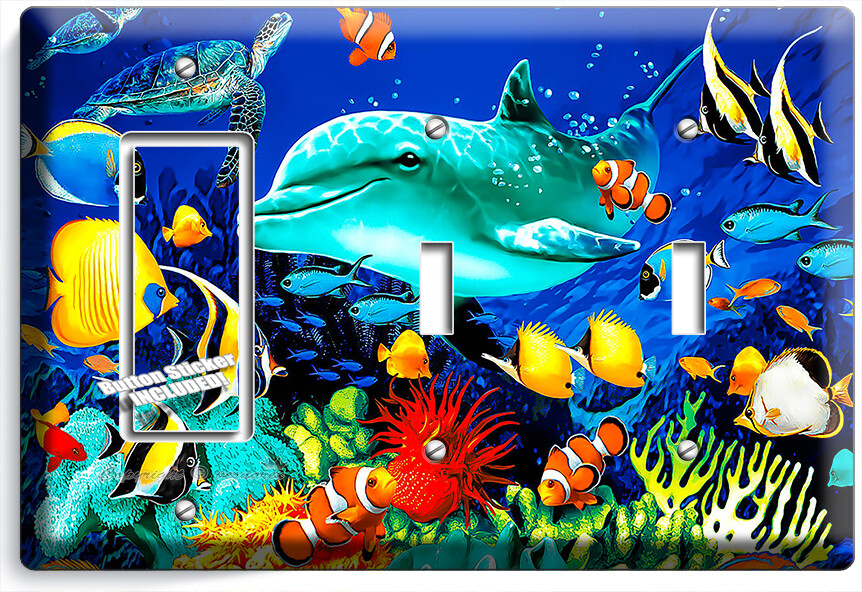 COLORFUL OCEAN LIFE TROPICAL SEA FISH DOLPHIN LIGHT SWITCH OUTLET ART ...