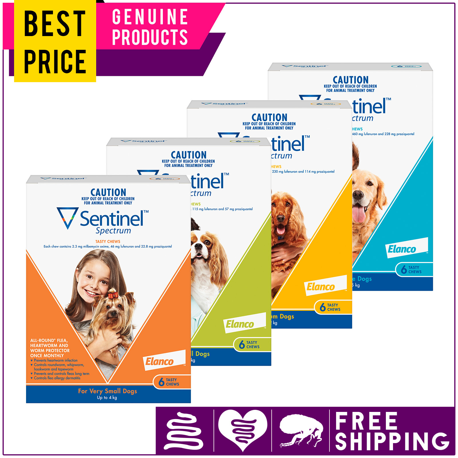 SENTINEL SPECTRUM Flea Worm Heartworm Treatment for Dogs All Sizes 6 ...