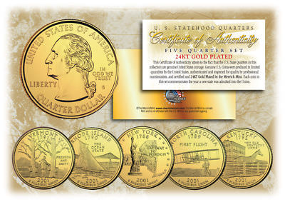 2001 US Statehood Quarters 24K GOLD PLATED ** 5-Coin Complete Set ** w ...