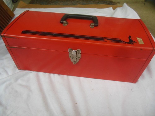 VINTAGE 70'S Racing RALLY Stripe ORANGE TOOL BOX METAL w/ Tray Kangaroo ...