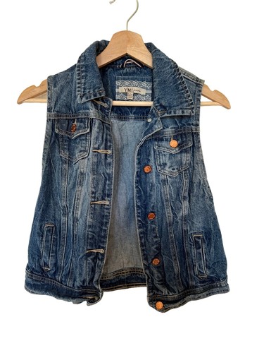 YMI Jean Jacket Vest Blue Denim Women's Small Distressed Medium Wash ...