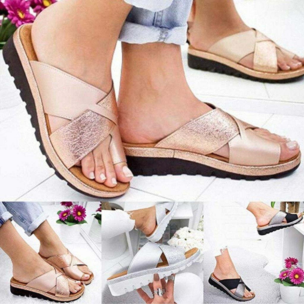 Women Sandal Shoes Comfy Platform Flat Sole Orthopedic Big Toe Leather ...