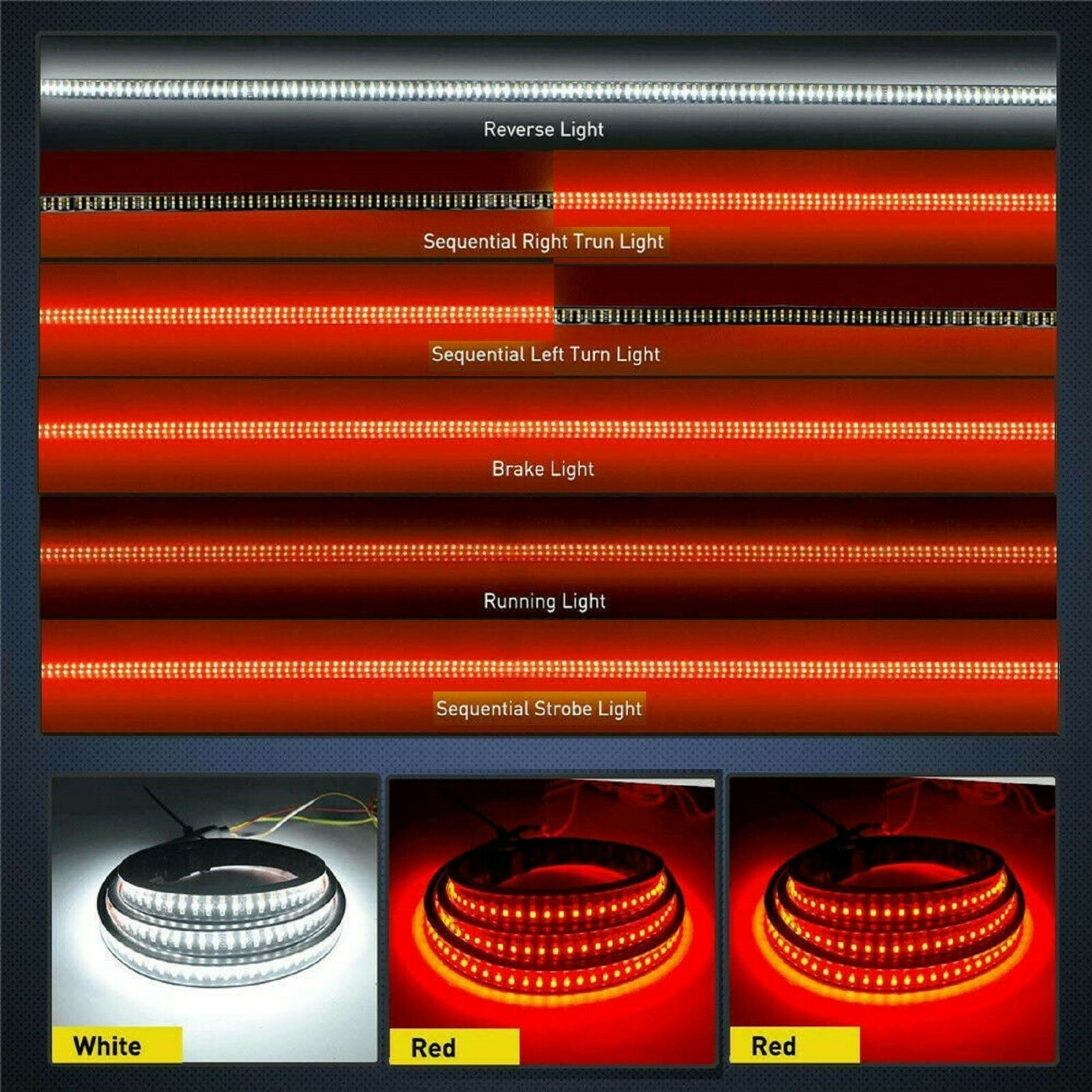 LED Strip 5ft Red 3 Row Tailgate Light R Truck Turn Signal Bed Brake ...