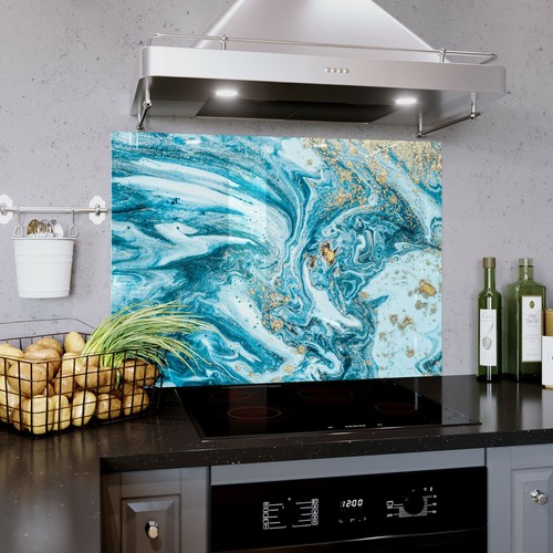 Glass Splashback Kitchen Tile Cooker Panel ANY SIZE Marble Liquid Blue ...