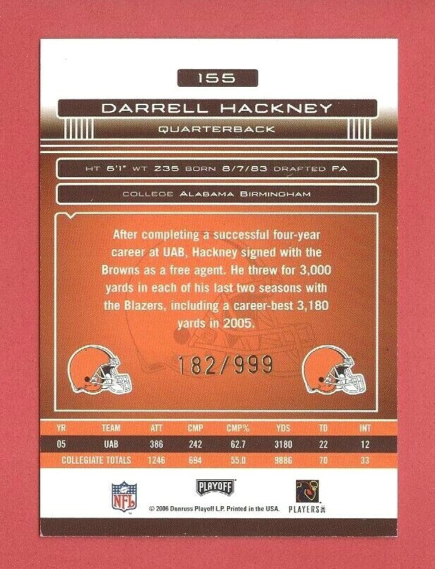 2006 ABSOLUTE MEMORBLA FB Darrell Hackney SP SILVER FOIL RC CARD #155 # ...
