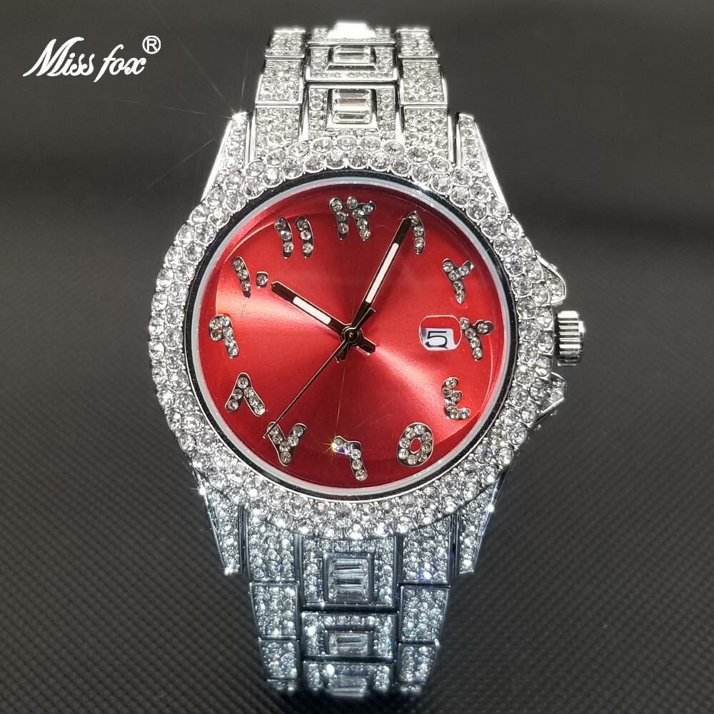 MISSFOX Mens Ice Out Wristwatch Quartz Waterproof Luxury Silver Diamond ...