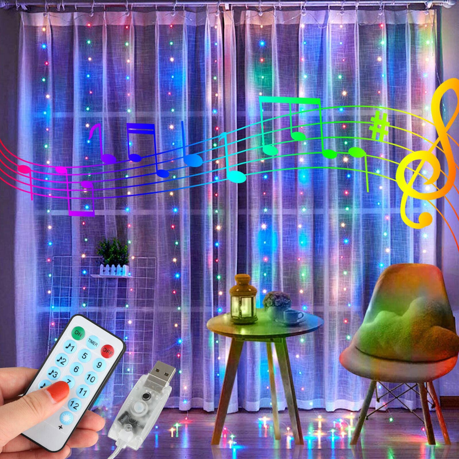300 LED Curtain Fairy Lights Music String Light 17key Remote Xmas Party ...