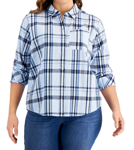Style & Co Women's Plus 1X Blue Cotton Plaid Relaxed Boyfriend Shirt ...